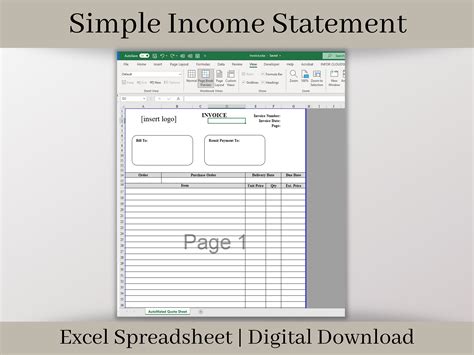 Easy Invoice Form Excel Invoice Template Professional Invoice Spreadsheet In Five Colors Etsy