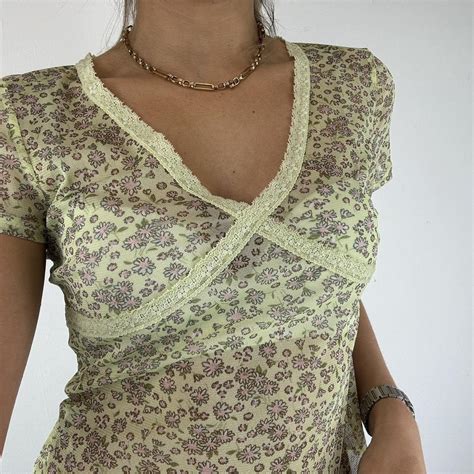 Micro Mesh Pale Yellow Floral Top With Lace Trim Depop