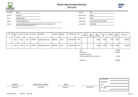 Ap Invoice V1 Jkj Ihsan Cotton Products Pvt Ltd Ap Invoice Buyer Address Remarks