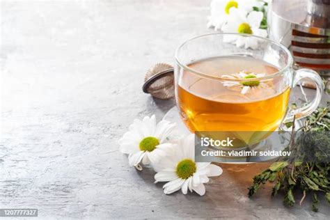 밝은 배경에 카모마일허브 티 회색 콘크리트 테이블에 허브와 말린 과일을 곁들인 차 한 잔 비타민 음료 0명에 대한 스톡 사진 및 기타 이미지 Istock