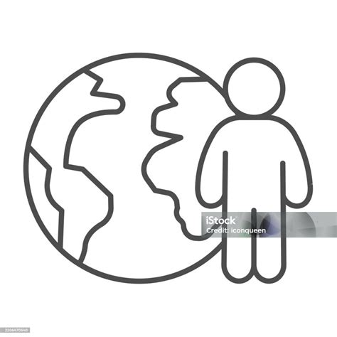 행성 지구와 사람 얇은 선 아이콘 기후 변화 개념 벡터 그래픽입니다 흰색 배경에 인간 기호가 있는 세계 지구본 모바일 또는 웹 디자인을 위한 개요 스타일 아이콘 검은색에