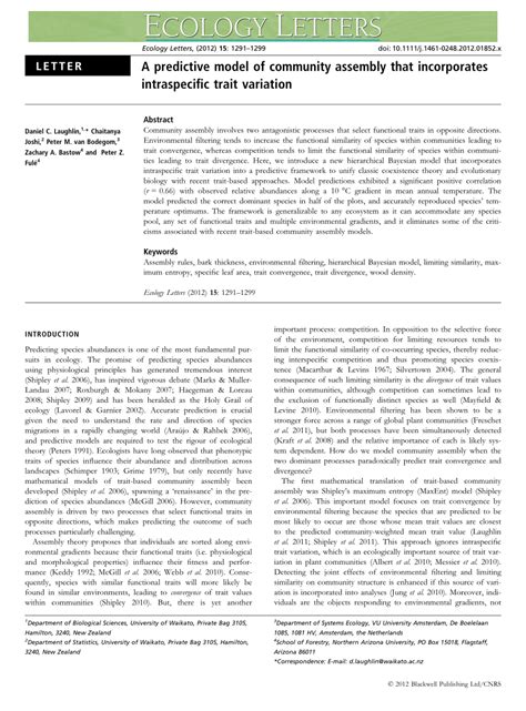 Pdf A Predictive Model Of Community Assembly That Incorporates Intraspecific Trait Variation