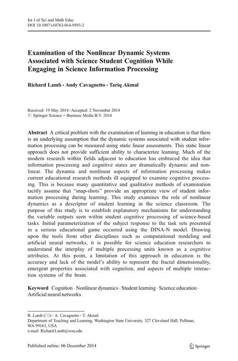 PDF Examination Of The Nonlinear Dynamic Systems Associated With Science Student Cognition