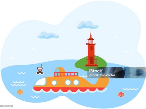 스쿠버 다이버와 잠수함이있는 바다 풍경 등대가있는 한국의 제주도의 풍경 건축에 대한 스톡 벡터 아트 및 기타 이미지 건축