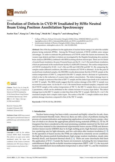 Pdf Evolution Of Defects In Cvd W Irradiated By H He Neutral Beam