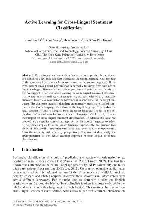 Pdf Active Learning For Cross Lingual Sentiment Classification