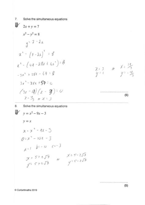 2 2 Simultaneous Equations Non Linear Answers Pdf