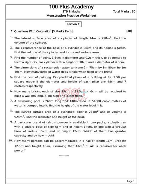 Class 8th Mensuration Worksheet Pdf