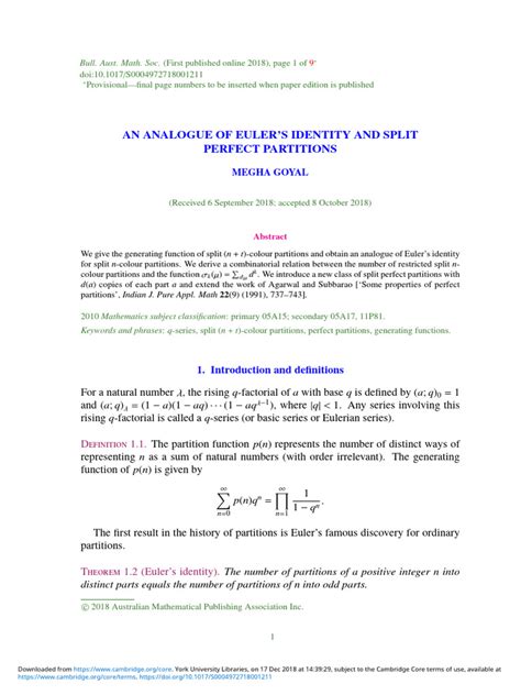 An Analogue Of Eulers Identitiy And Split Perfect Partitions Pdf