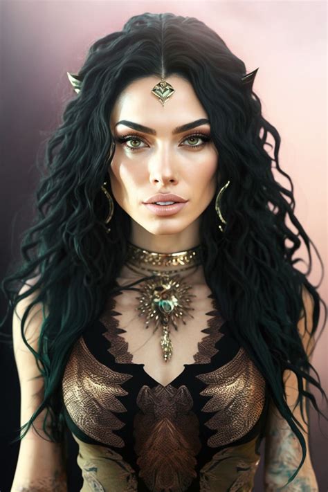 A Woman With Long Black Hair And Tattoos On Her Chest