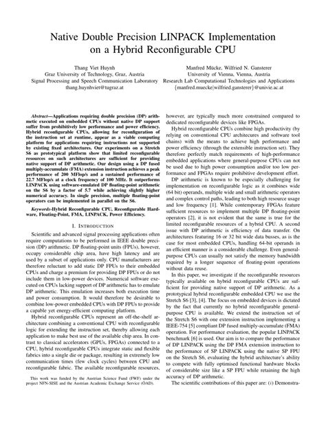 Pdf Native Double Precision Linpack Implementation On A Hybrid Reconfigurable Cpu