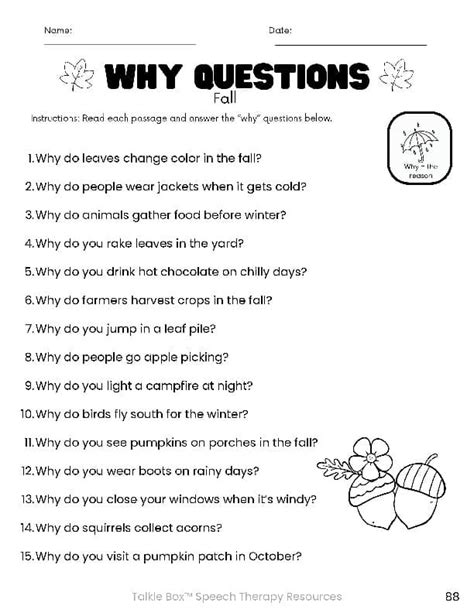 Why Questions Fall Worksheets Speech Therapy Wh Question And Reasoning
