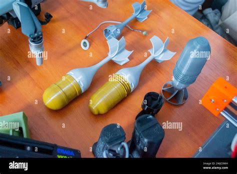 Prototype Model Of Rocket Bomb Tip Printed On 3d Printer Small Colored Models Of Tail Fins