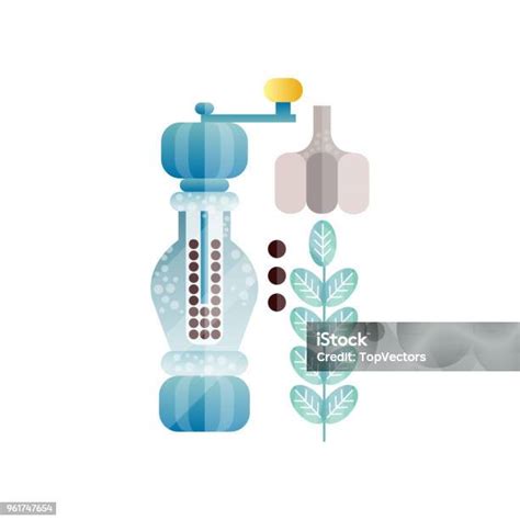 후추 밀 양념 분쇄기 완전히 검은 후추와 마늘 요리 조미료의 성분 레스토랑 또는 부엌 메뉴 디자인 벡터 그림 흰색 배경에 대 한 요소 검은색에 대한 스톡 벡터 아트 및 기타