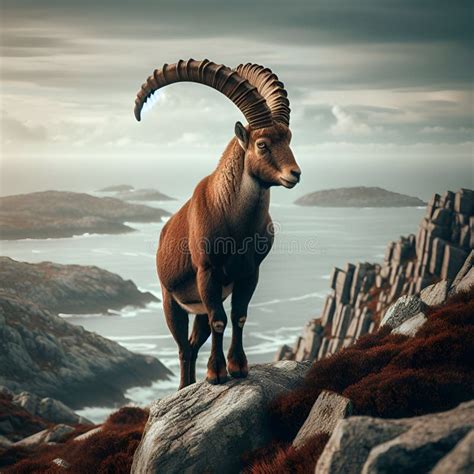 Elusive Beauty Pyrenean Ibex By The Snowy Stream Stock Illustration