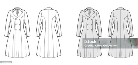 프린세스 라인 코트 테크니컬 패션 일러스트와 더블 브레스트 핏 바디 피크 라펠 칼라 무릎 길이 코트 의복에 대한 스톡 벡터 아트 및 기타 이미지 Istock