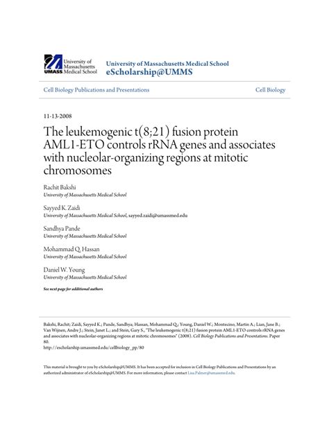 Pdf The Leukemogenic T 8 21 Fusion Protein Aml1 Eto Controls Rrna Genes And Associates With