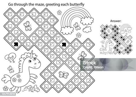 미로 또는 미로 게임 수수께끼 색칠 페이지 윤곽선 만화 사랑스러운 마법 유니콘 동화 영웅 아이들을위한 색칠 공부책 동화에 대한 스톡 벡터 아트 및 기타 이미지 Istock