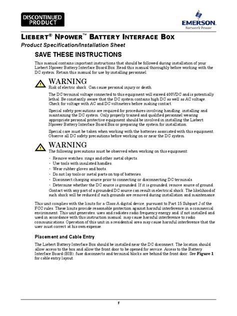 Battery Interface Box Product Specification Installation Sheet Pdf