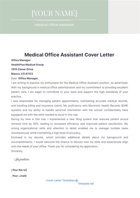 Free Medical Office Assistant Cover Letter Template To Edit Online