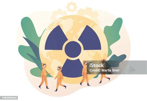 방사능 방호복을 입은 작은 사람들 행성 지구의 방사선 경고 기호 핵 독성 폐기물 개념 현대 평면 만화 스타일입니다 흰색 배경에