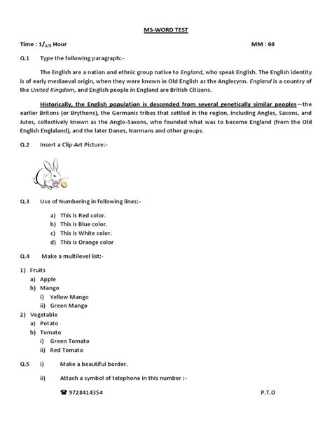 Ms Word Test Formatting Text And Adding Elements In Microsoft Word Pdf English People