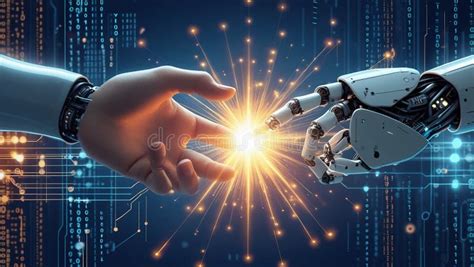 Human Hand And Robotic Hand Connection With Glowing Light Symbolizing Ai Stock Illustration