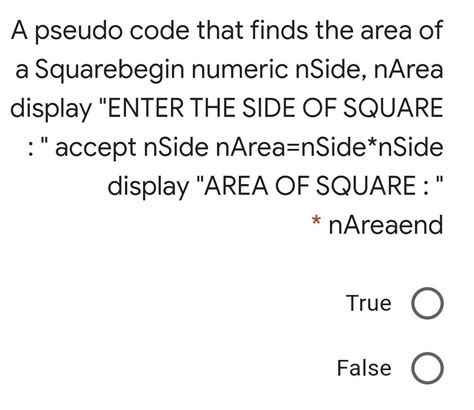 Solved A Pseudo Code That Finds The Area Of A Squarebegin