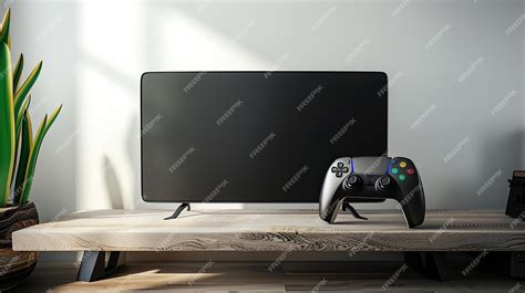 A Sleek Black Game Controller Sits On A Wooden Table In Front Of A