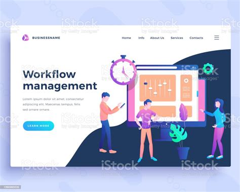 사무실 직원과의 방문 페이지 템플릿 워크플로 관리 개념 경영자에 대한 스톡 벡터 아트 및 기타 이미지 경영자 개념 개발 Istock