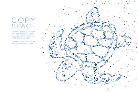 개요 기 사각형 상자 픽셀 패턴 바다 거북이 모양 수 중 및 해양 생명 개념 디자인 파란색 그림 복사 공간 벡터 Eps 10 흰색 바탕에 모자이크에 대한 스톡 벡터 아트 및