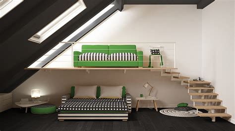 로프트 메자닌 원룸 미니멀한 거실과 침실 흰색과 녹색 스칸디나비아 인테리어 디자인 0명에 대한 스톡 사진 및 기타 이미지 0명 1980 1989 년 가구 Istock