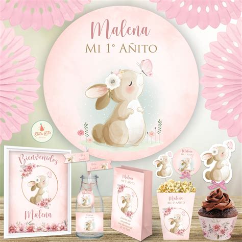 Kit Imprimible Conejita Con Flores Para Niñas En Rosa Fiesta Cumplea
