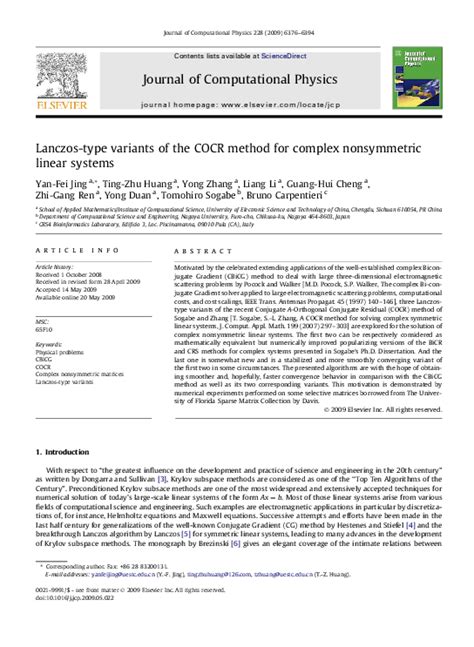 Pdf Lanczos Type Variants Of The Cocr Method For Complex Nonsymmetric Linear Systems