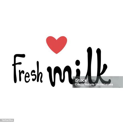신선한 우유 손으로 그린 글자 블랙 실루엣과 하트 거친 낙서 스타일 흰색 배경 벡터 그림입니다 광고에 대한 스톡 벡터 아트 및