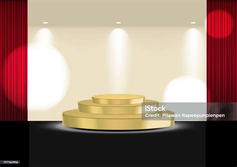 3d 스포트 라이트 배경 일러스트 벡터와 쇼 콘서트 또는 프리젠 테이션을위한 골드 무대 또는 시네마에 현실적인 오픈 레드 커튼을