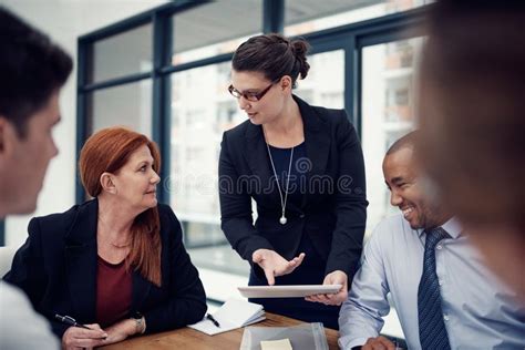 Woman Tablet And Group In Office Discussion Or Meeting For Brainstorming Solution Or Problem