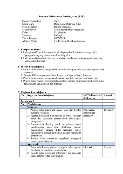 Contoh Rpp Model Pembelajaran Hots Bahasa Indonesia Rencana Pelaksanaan Pembelajaran Rpp