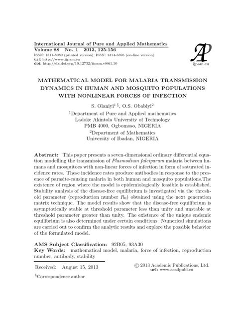 Pdf Mathematical Model For Malaria Transmission Dynamics In Human And Mosquito Populations