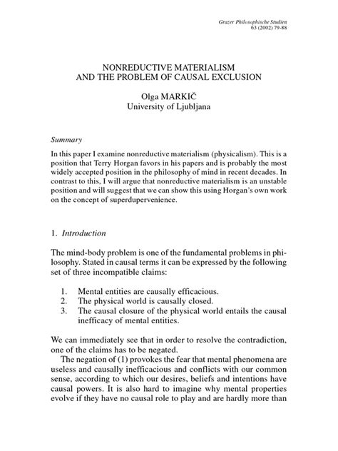 Markic O 2002 Nonreductive Materialism And The Problem Of Causal Exclusion Pdf Philosophy
