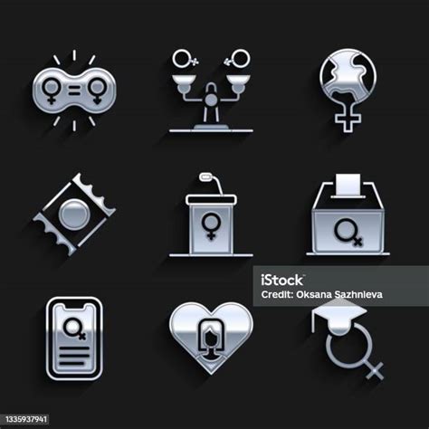 토론 연단 Rostrum 여성과 심장 교사 여성 투표 권리 데이트 응용 프로그램 콘돔 패키지 페미니즘 세계와 남녀 평등 아이콘을 설정합니다 벡터 0명에 대한 스톡 벡터 아트