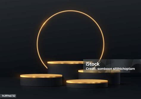 현실적인 3d블랙 골드 스텝 실린더 받침대 연단은 황금 반지 배경으로 설정됩니다 추상 럭셔리 최소 장면 모형 제품 디스플레이 블랙 프라이데이 세일 무대 쇼케이스 벡터