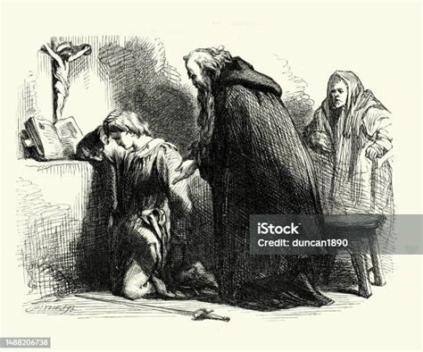 로렌스와 로미오 수사 윌리엄 셰익스피어의 로미오와 줄리엣 장면 존 길버트 삽화 빅토리아 시대 19세기 Performing Arts Event에 대한 스톡 벡터 아트 및 기타