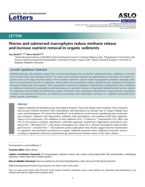 Pdf Worms And Submersed Macrophytes Reduce Methane Release And Increase Nutrient Removal In