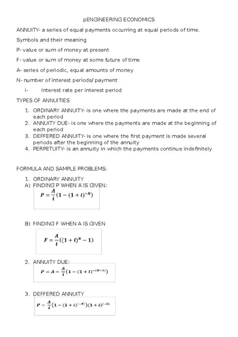 Module 2 Annuity Summary Economics Pengineering Economics Annuity