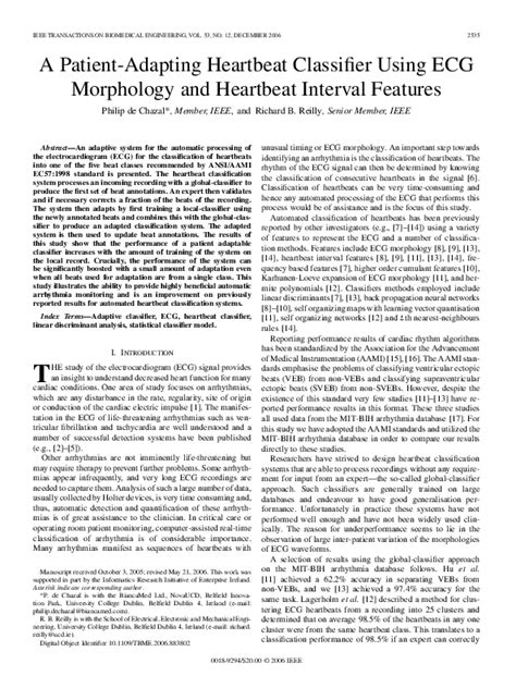 Pdf A Patient Adapting Heartbeat Classifier Using Ecg Morphology And Heartbeat Interval Features