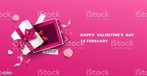 분홍색 리본과 하트 풍선이있는 서프라이즈 화이트 선물 상자 분리된 기프트 박스를 엽니다 파티 쇼핑 배너 수평 배너 발렌타인 데이