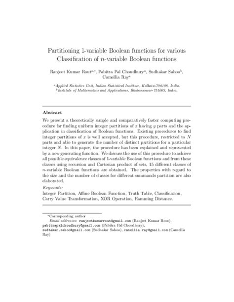 Pdf Partitioning 1 Variable Boolean Functions For Various Classification Of N Variable