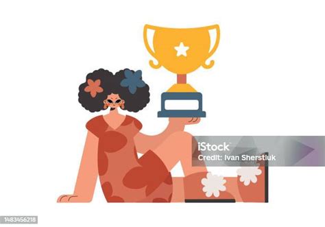 활력이 넘치는 여성은 승리자의 유리를 손에 들고 흰색 시설에 보관합니다 트렌디한 스타일 벡터 일러스트레이션 검은색에 대한 스톡 벡터 아트 및 기타 이미지 Istock