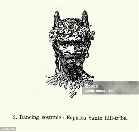 원주민 에스피리투 산토 춤추는 의상을 입은 고산 부족 새로운 허브라이드 스케치 남태평양 빅토리아 시대 19세기 빈티지 일러스트레이션 1880년대 1880 1889 년에 대한